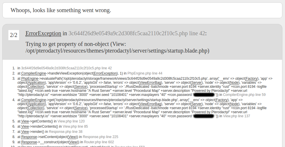 Trying to get property of non-object when going to startup parameters · Issue #505 · pterodactyl ...
