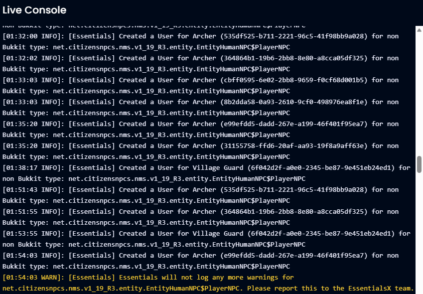 Essentials will not log any more warnings for net.citizensnpcs.nms.v1_19_R3.entity ...