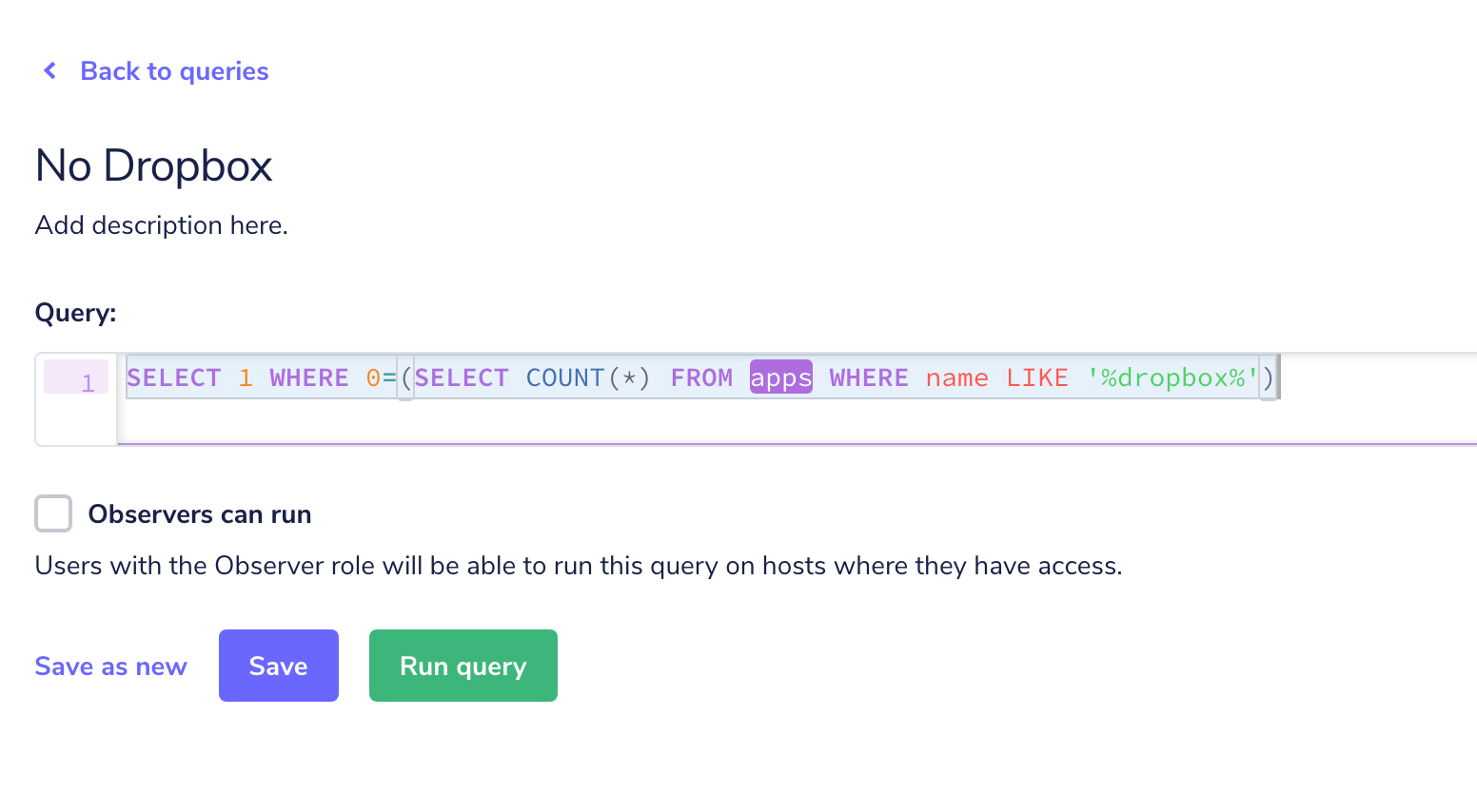 Query console: Edits to query name, description, SQL, and "Observers can run" checkbox appear ...
