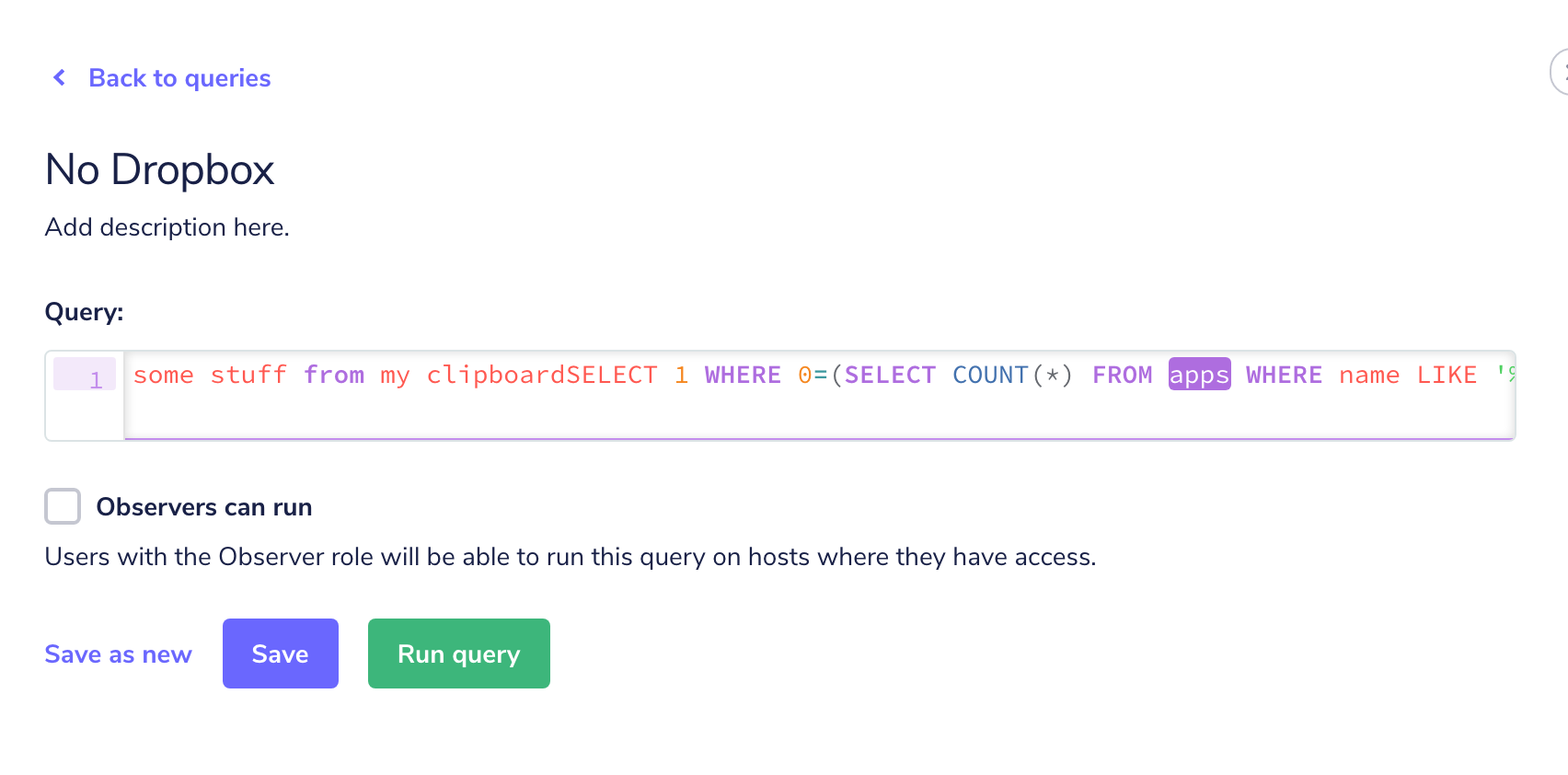 Query console: Edits to query name, description, SQL, and "Observers can run" checkbox appear ...
