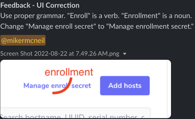 "Enroll secret" »» "Enrollment secret" · Issue #7347 · fleetdm/fleet · GitHub