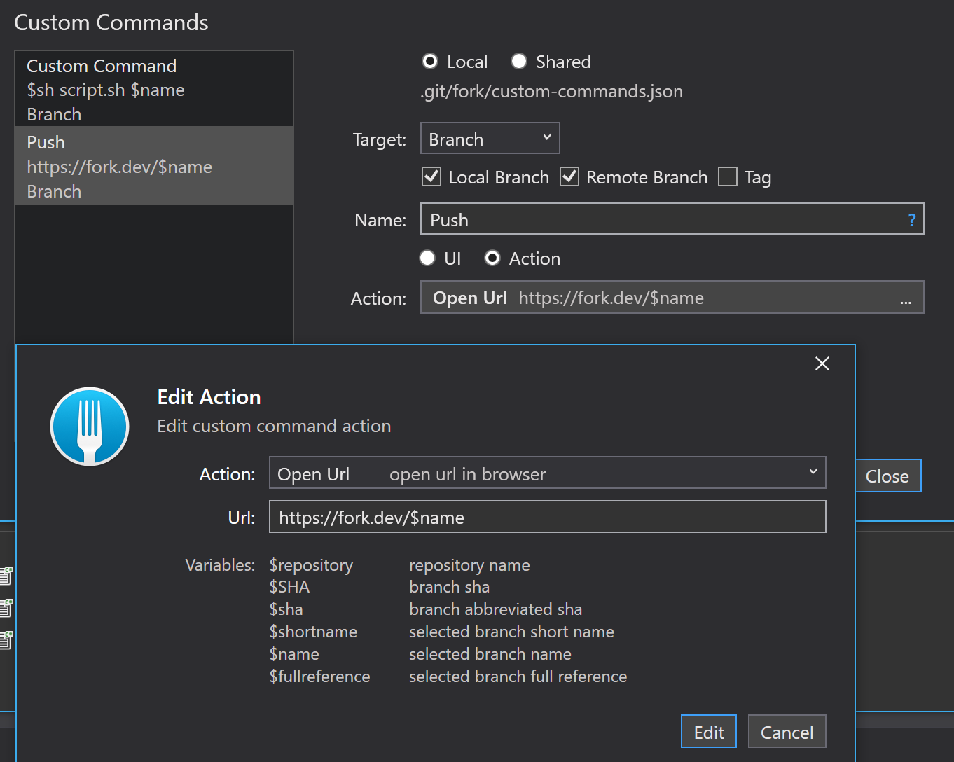 Add variable for branch name in custom command actions · Issue #1159 · fork-dev/TrackerWin · GitHub