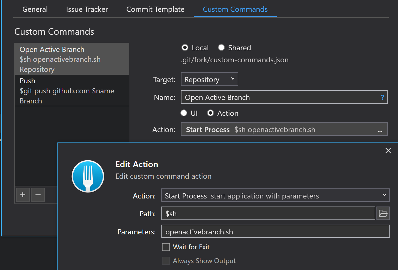 Add variable for branch name in custom command actions · Issue #1159 · fork-dev/TrackerWin · GitHub