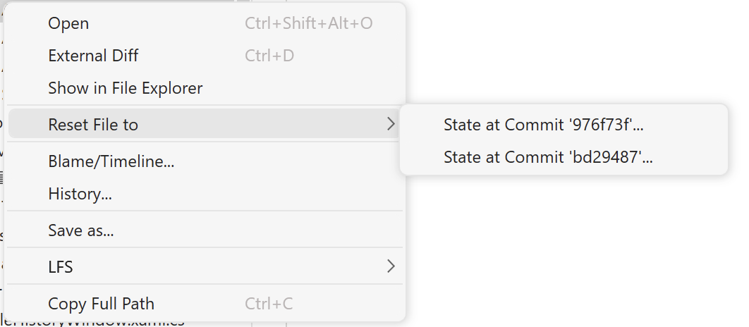 "Reset file to" shall offer to reset the file to a state of one of the selected commits · Issue ...