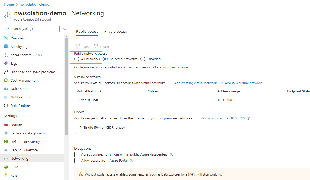 Update-AzCosmosDBAccount unable to disable virtual networks and ...