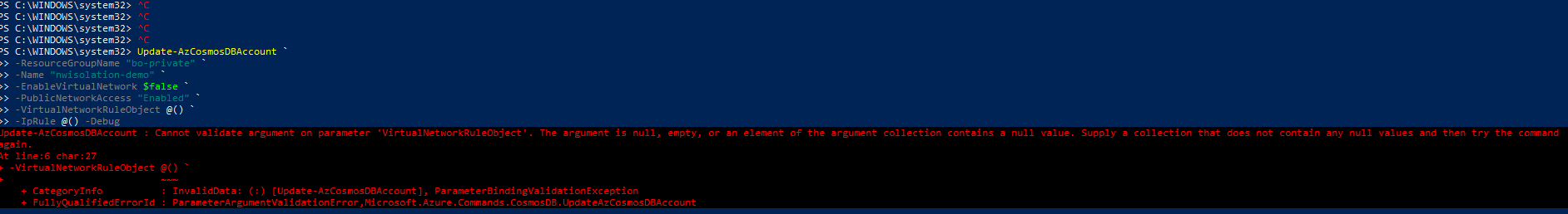 Update Azcosmosdbaccount Unable To Disable Virtual Networks And Firewall Setting · Issue 19021