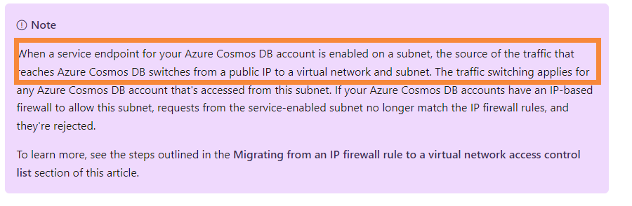 CosmosClient still uses the public IP after enabling the service endpoint for "Microsoft ...
