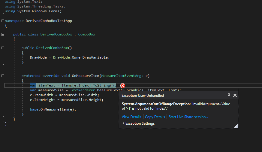 Control derived from ComboBox causes application crash with System.ArgumentOutOfRangeException ...