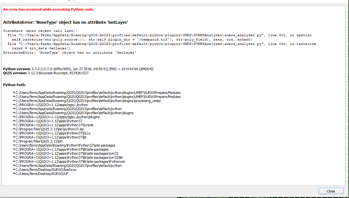 Analyzer error 'NoneType' object has no attribute 'GetLayer' · Issue #180 · UMEP-dev/UMEP · GitHub