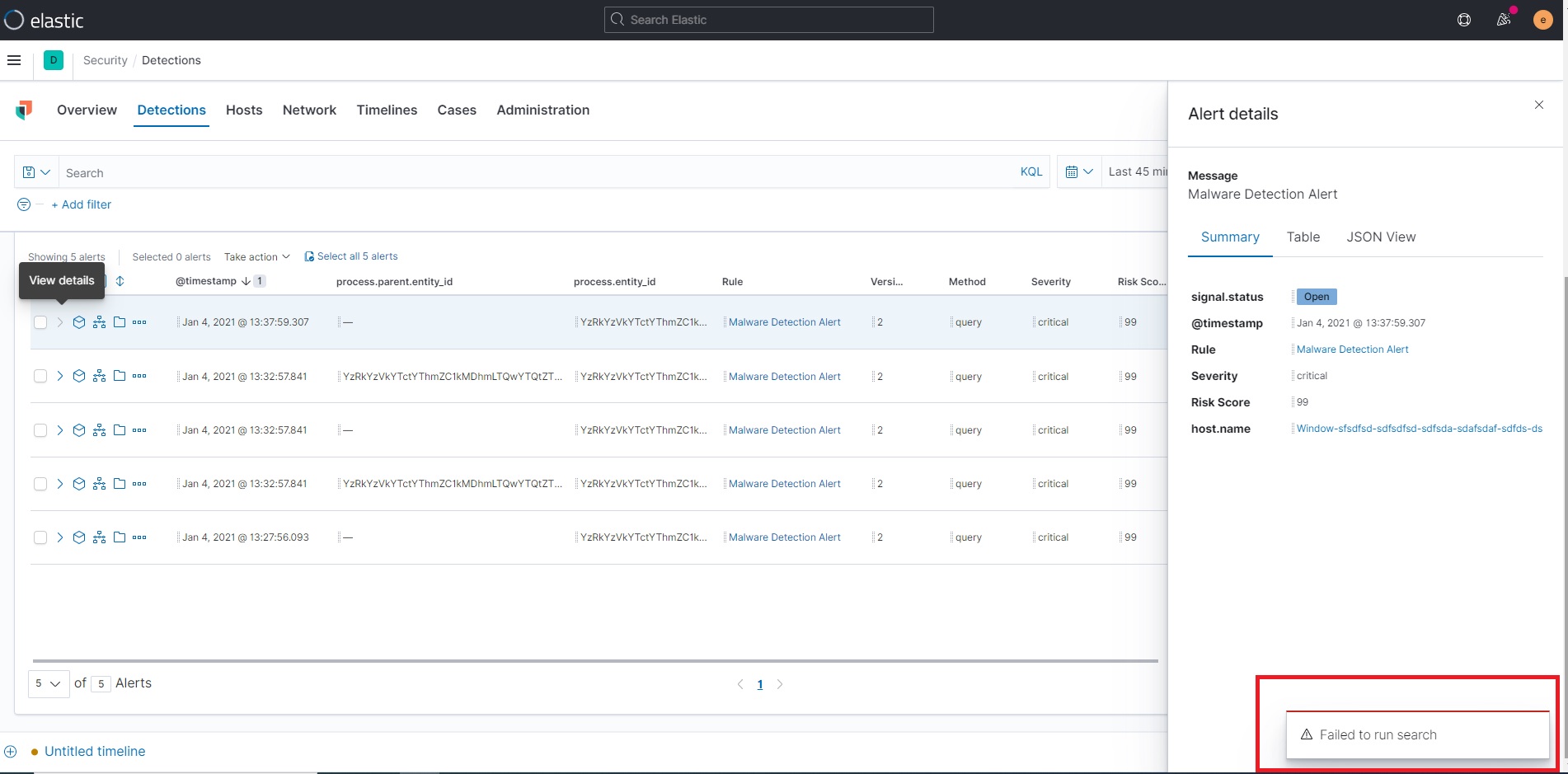 [Security Solution] "Failed to run search" error is displaying when clicking on View Details ...