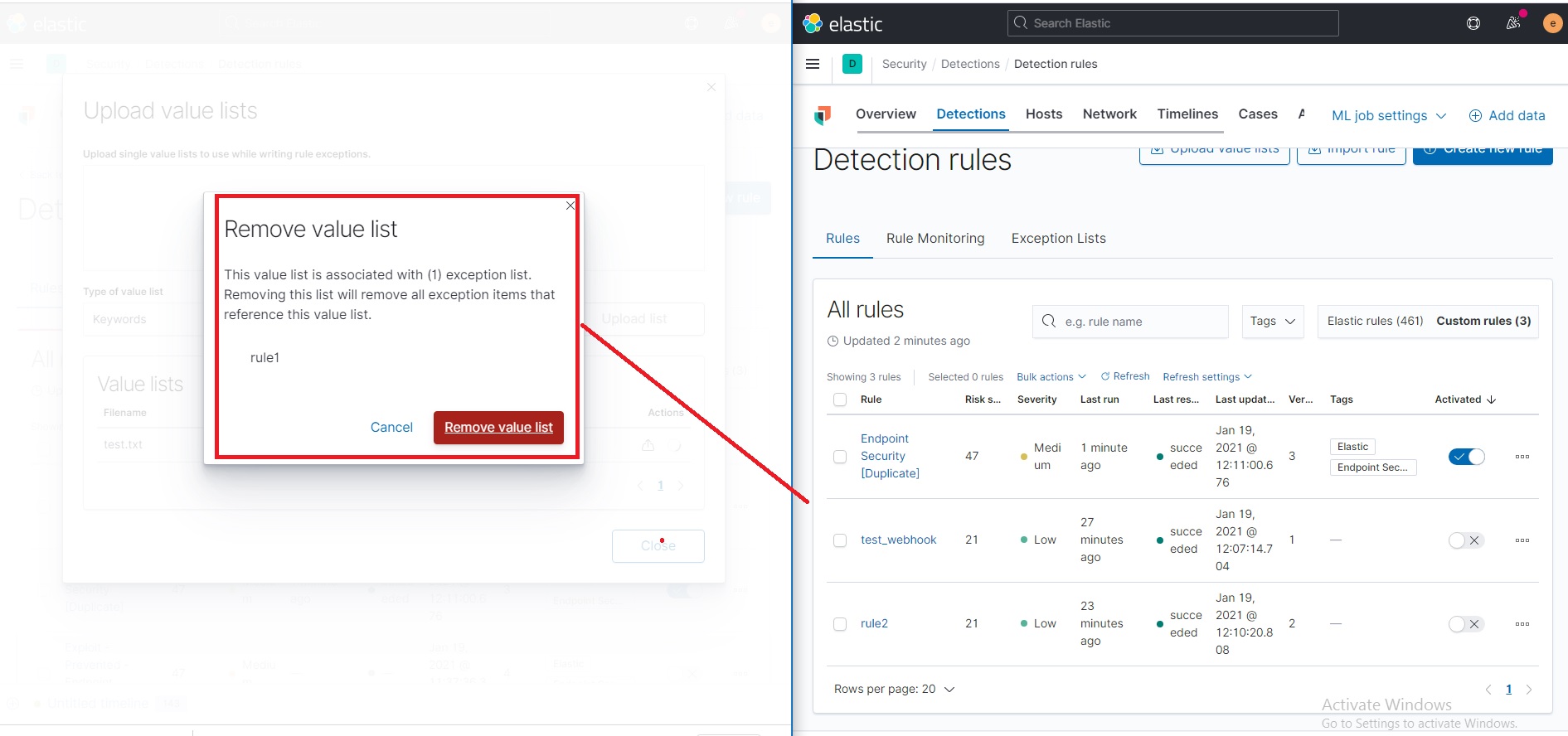 [Security Solution] Message pop up for deleting the value list exception file shows related rule ...
