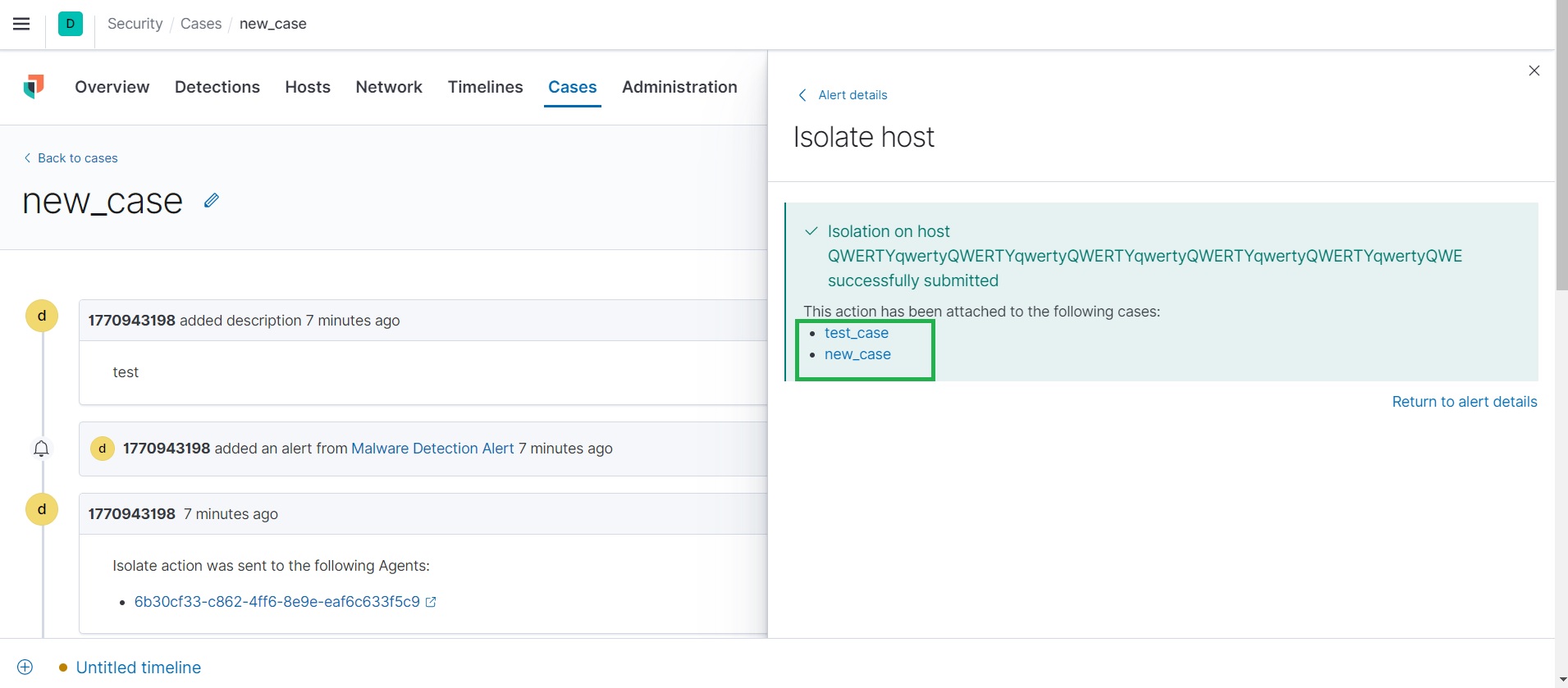 [Security Solution] Case 1 is displayed instead of Case name when add the "host isolation" under ...