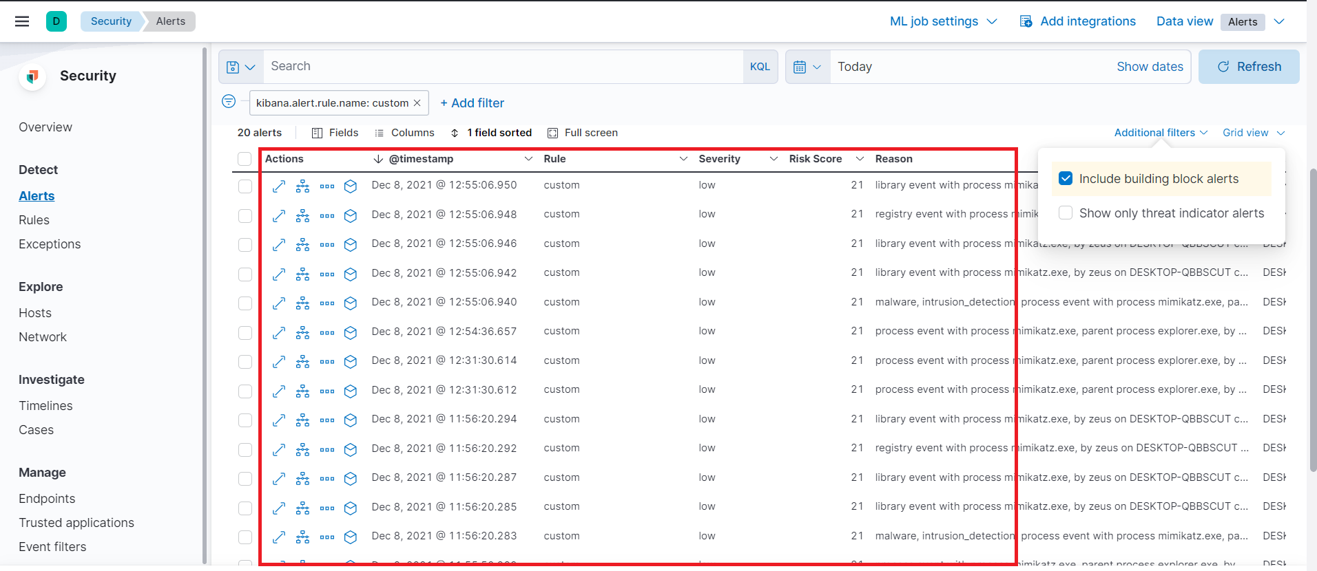 [Security Solution] Building block alerts are not getting highlighted under alerts table · Issue ...