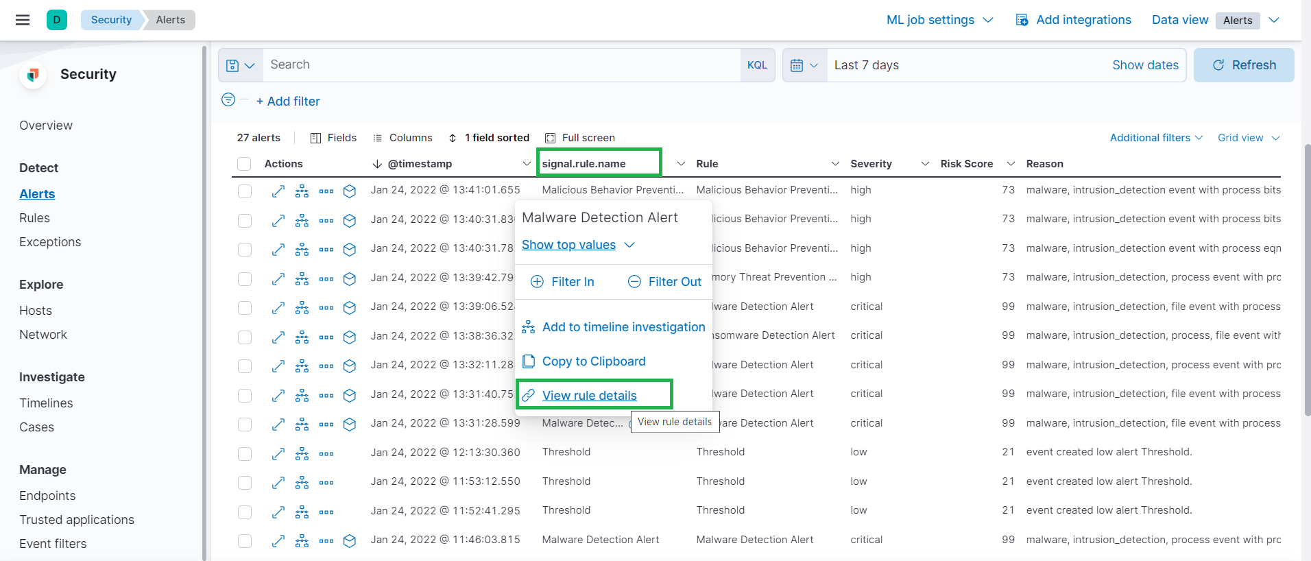 Security Solution View Rule Details Link Is Not Displaying Under Alerts Table When Click On 