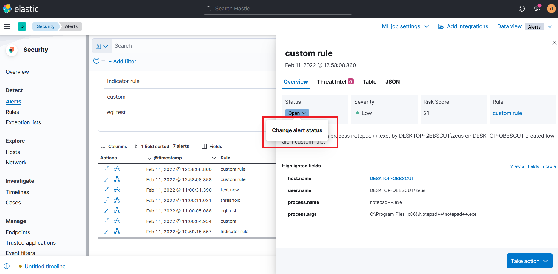 [Security Solution] "Change alert status" tool tip is displaying under alerts flyout on read ...