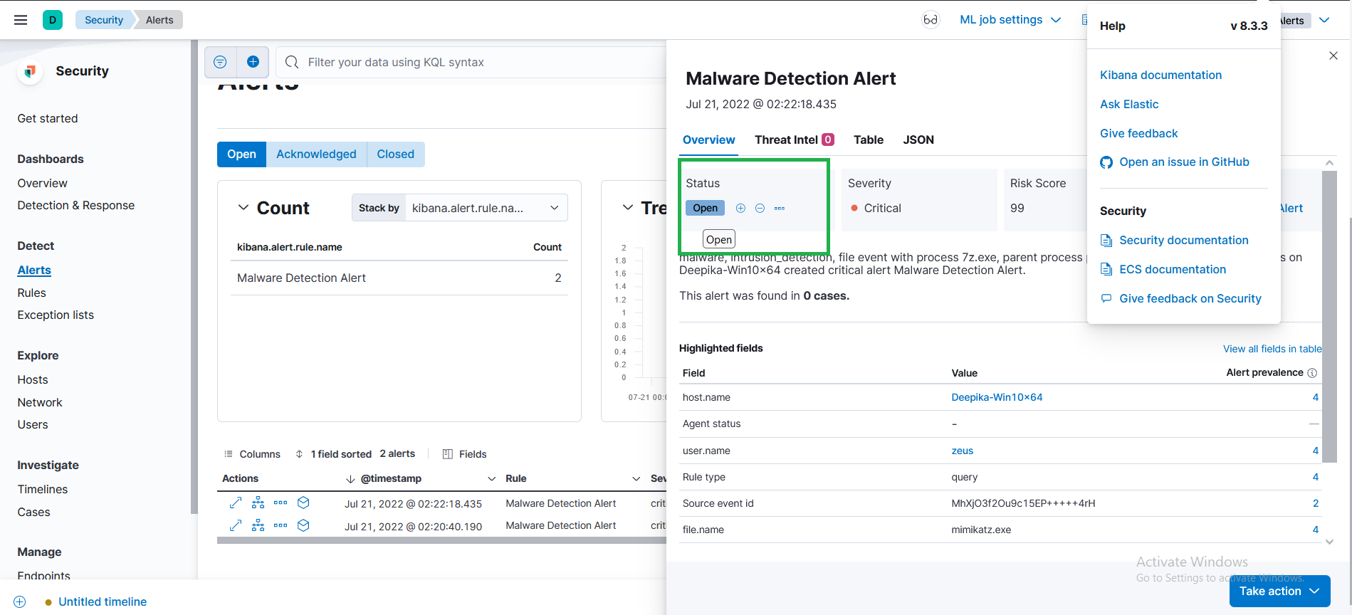 [Security Solution] "Change alert status" tool tip is displaying under alerts flyout on read ...