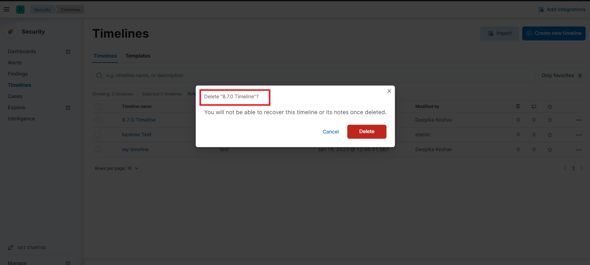 [Security Solution] Format issue when delete the timeline from Timeline page · Issue #149187 ...