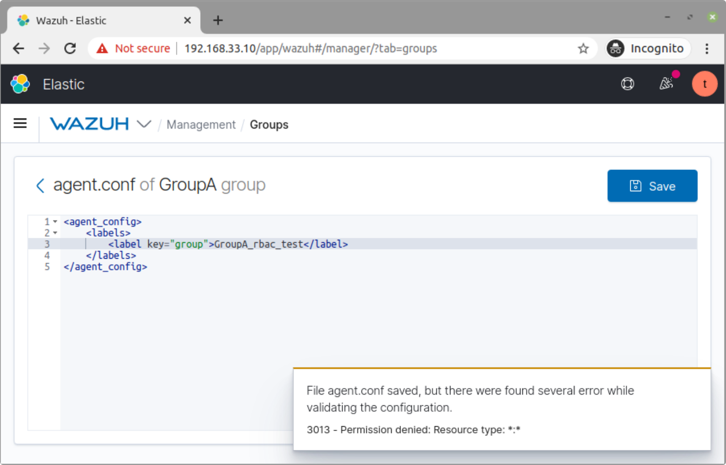 An error message is displayed when changing a group's configuration although the user has the ...