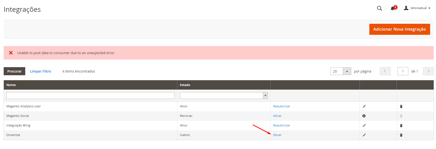 I have the error "Unable to post data to consumer due to an unexpected error" when enabling an ...