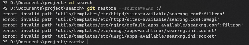Clone fails in Windows because some file names contain ":" · Issue #1310 · searxng/searxng · GitHub