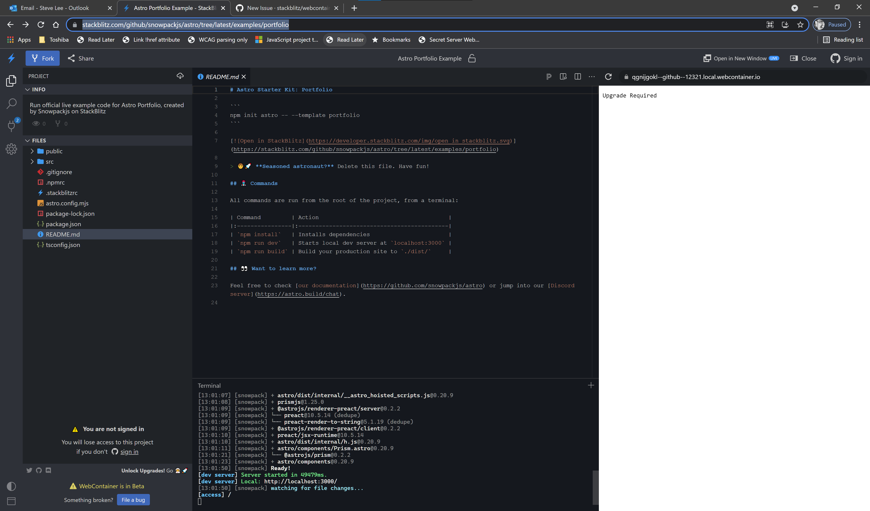 Astro examples just say "Upgrade Required" · Issue #341 · stackblitz/webcontainer-core · GitHub