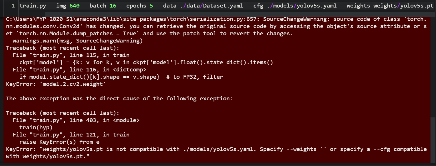 KeyError: "weights/yolov5s.pt is not compatible with ./models/yolov5s ...