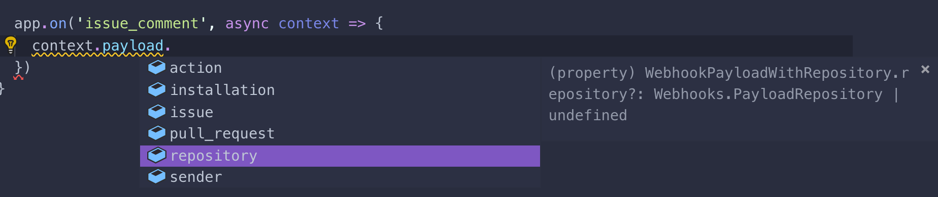 [TypeScript Fix app.on webhooks autocompletion · Issue #856 · probot/probot · GitHub