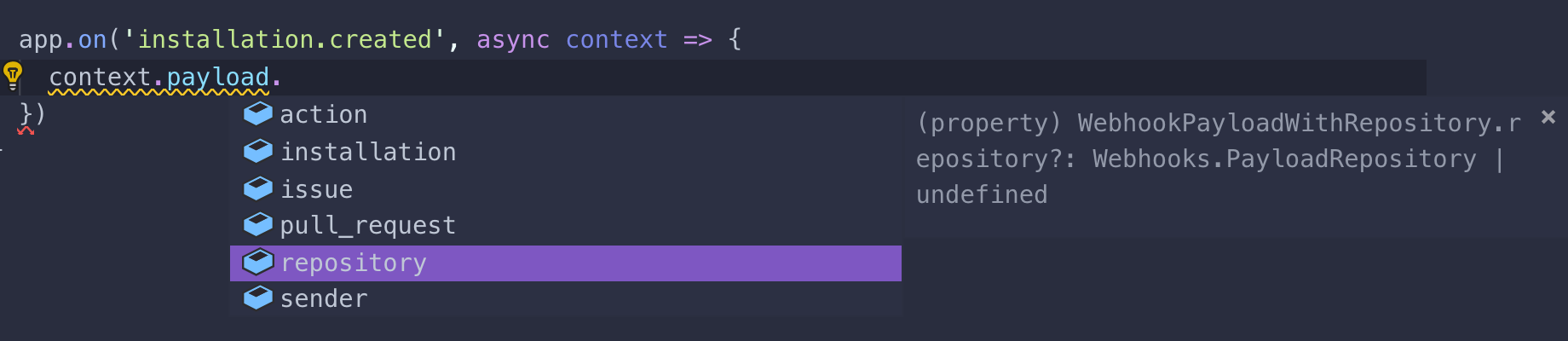 [TypeScript Fix app.on webhooks autocompletion · Issue #856 · probot/probot · GitHub