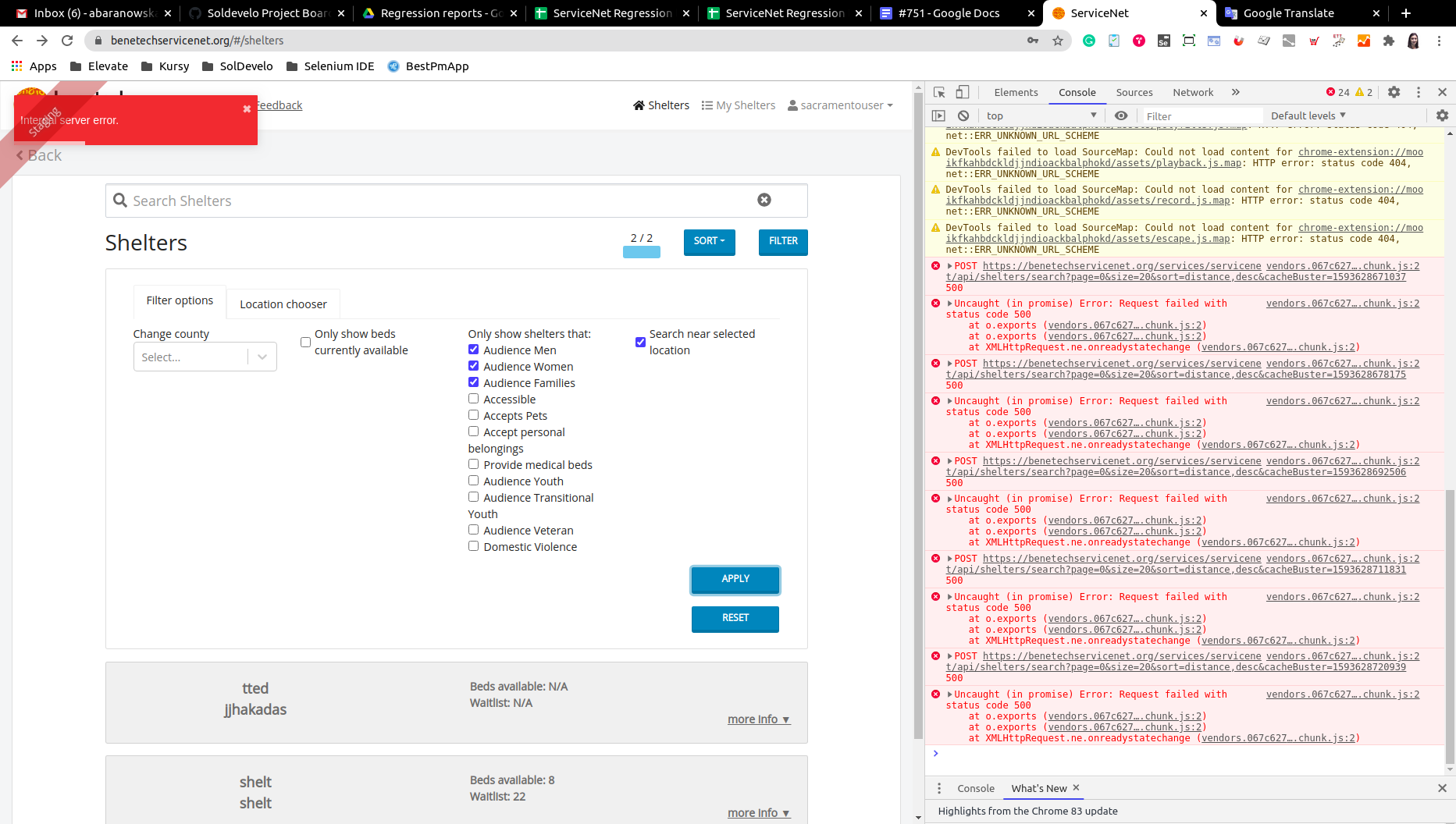 Internal Server Error is thrown during filtering on the Shelter View · Issue #1077 ...