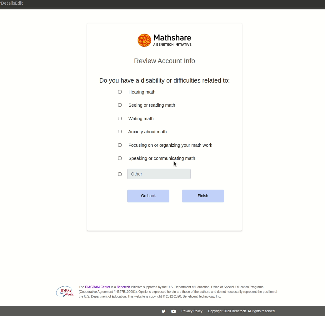 Input: Disability Information (Demographics > Third Page) · Issue #1522 · benetech/MathShare ...