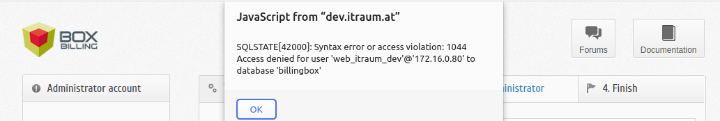[Bug] SQL[42000] 1044 - Access denied for user · Issue #1238 · boxbilling/boxbilling · GitHub
