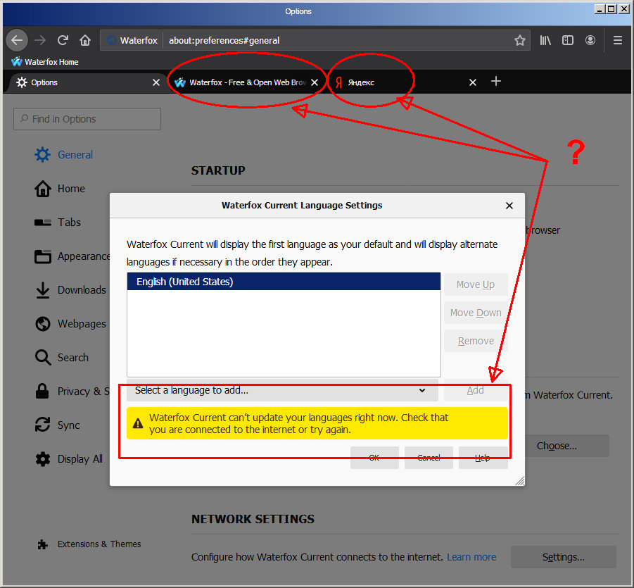 Waterfox Current language settings Help about:preferenceschange-language Invalid URL · Issue ...