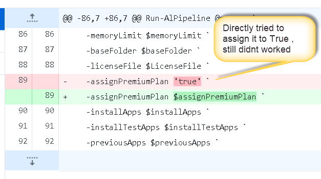 Adding -assignPremiumPlan to DevOps pipeline giving "If sharedFolder is specified, it must be an ...