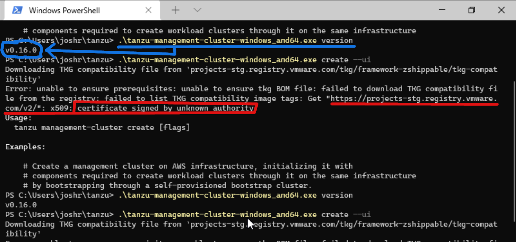 Management Cluster deploy from WIndows bootstrap to vSphere fails with Error: unable to ensure ...