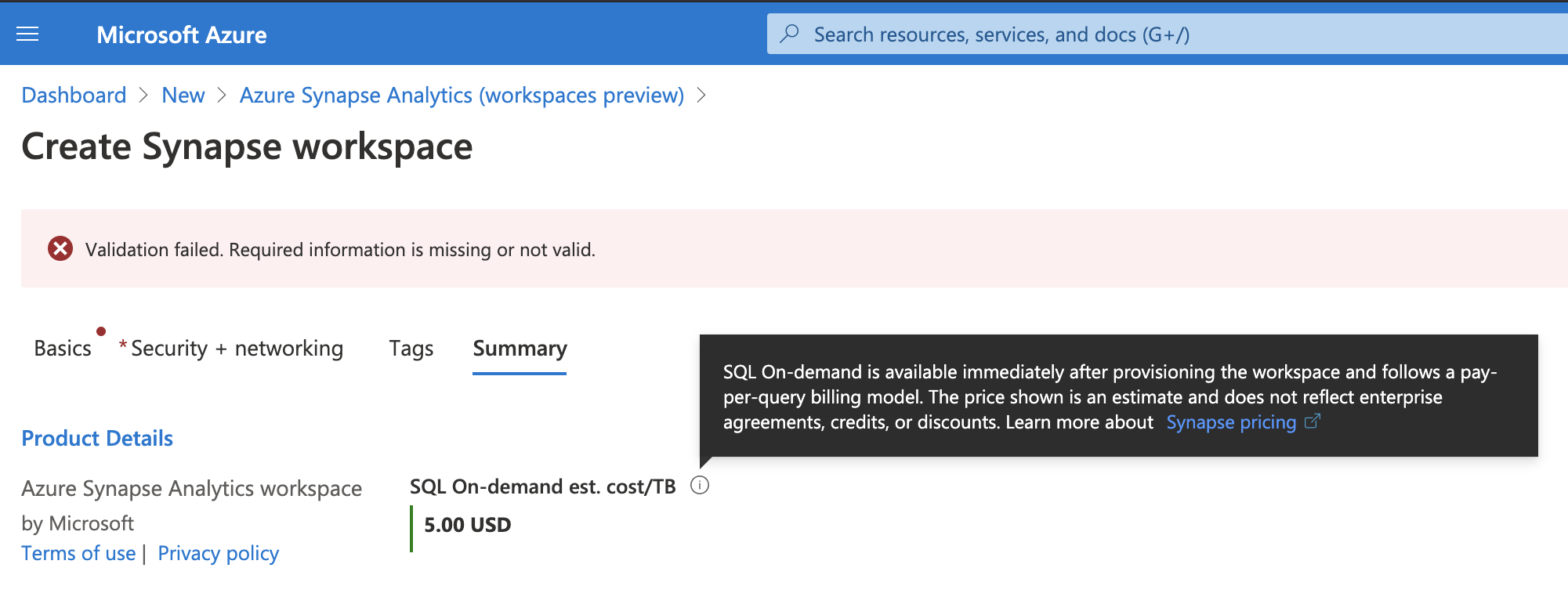 No info about Synapse SQL pool (data warehouse) with serverless ...