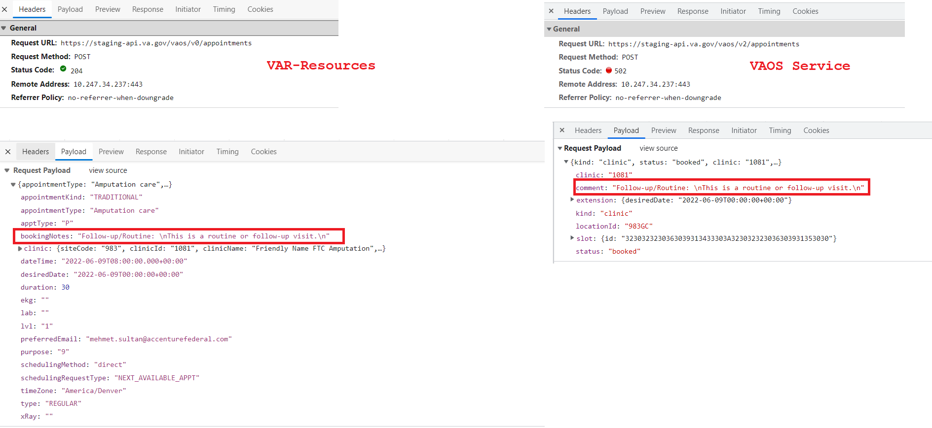 Staging Direct Scheduling Reason For Appointments Comments Not In Payload And Not In Vista