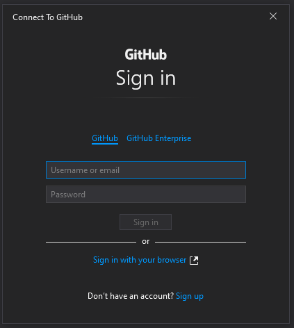 Signing in to GitHub via Visual Studio's interface (text fields and ...