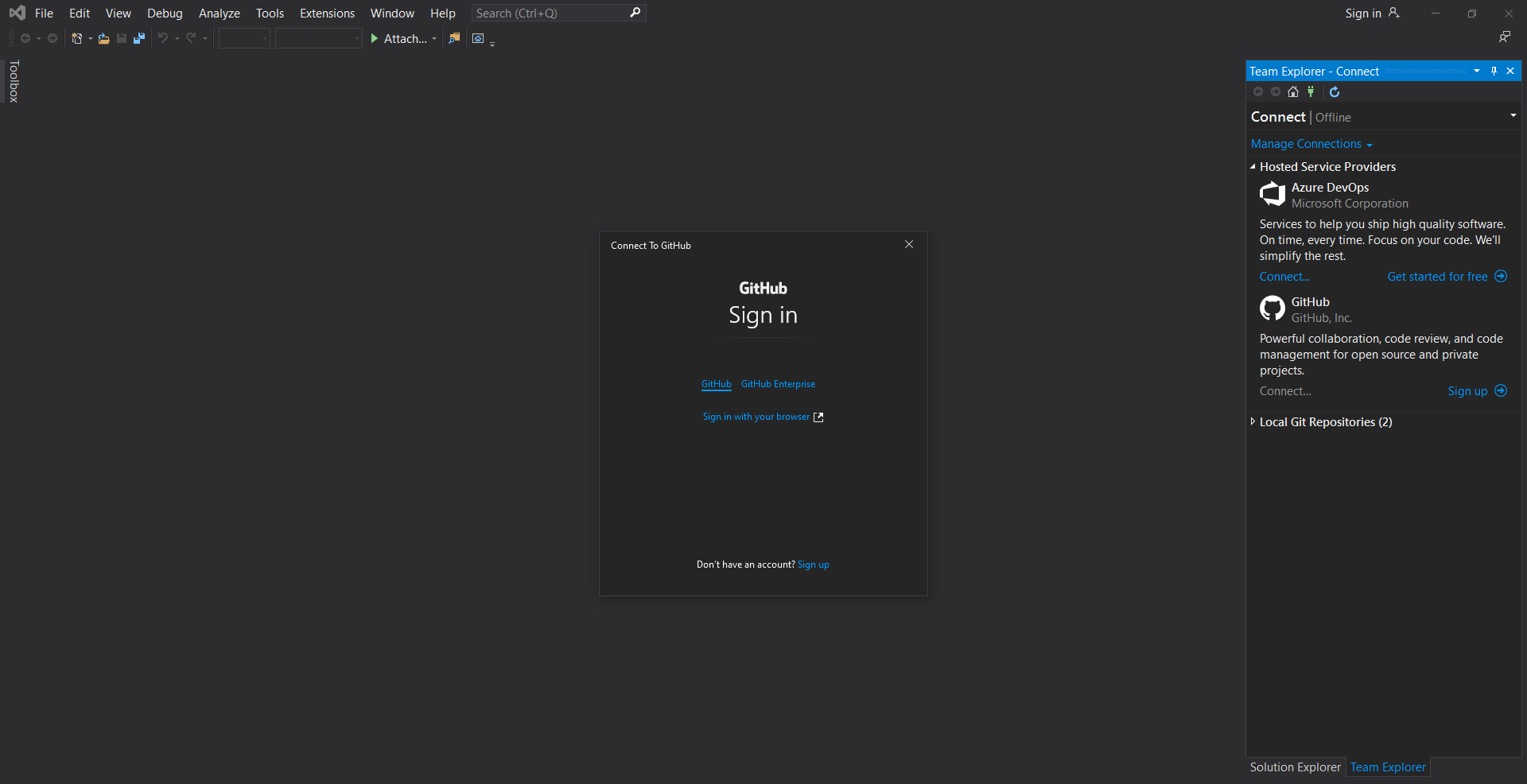 Signing in to GitHub via Visual Studio's interface (text fields and whatnot) is not visible ...