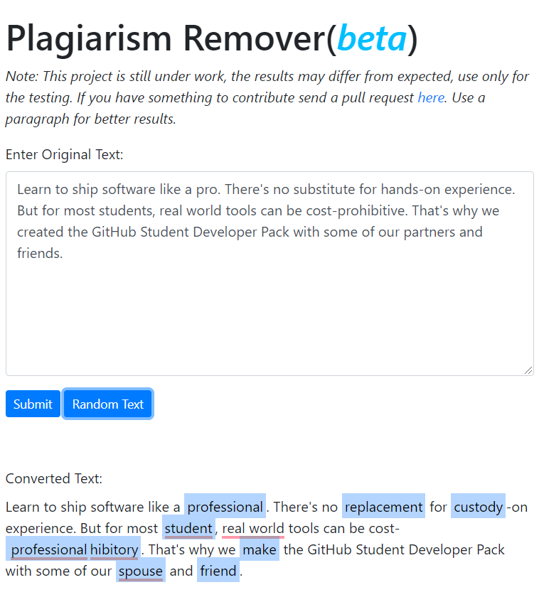 GitHub Virajmane PlagiarismRemover Replaces Words To Their Synonyms github-virajmane-plagiarismremover-replaces-words-to-their-synonyms