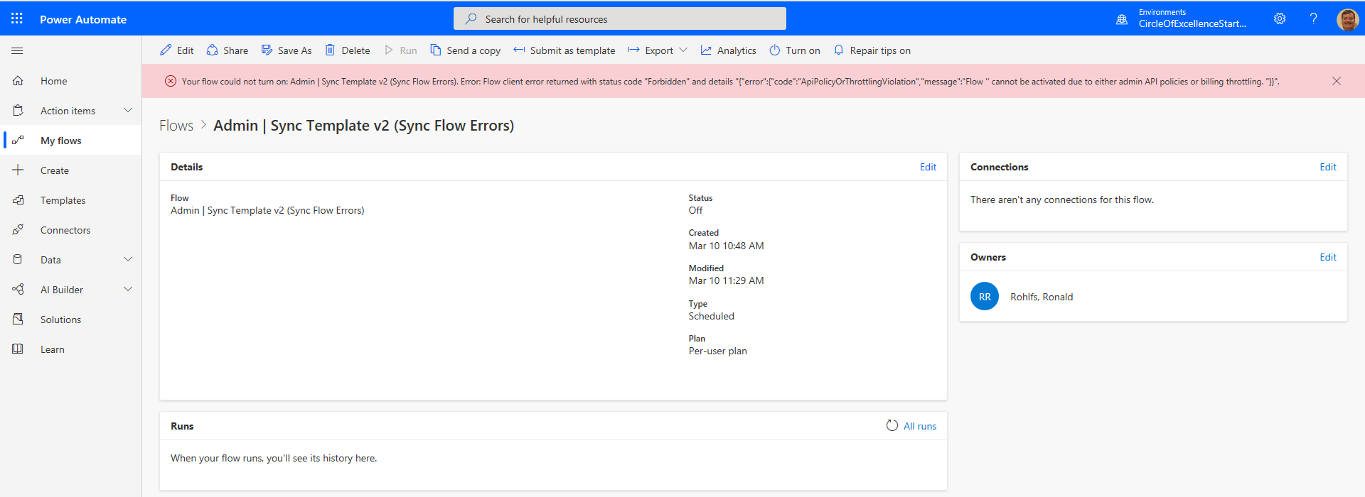 Admin | Sync Template v2 flows cannot be Turned On · Issue #100 · microsoft/powerapps-tools · GitHub