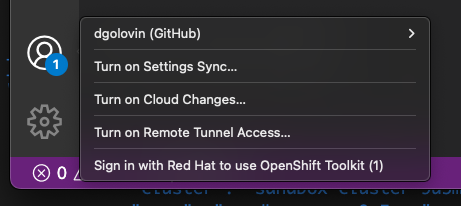 Add 'Sign in with Red Hat to use OpenShift Toolkit' to Accounts menu when extension is acitvated ...