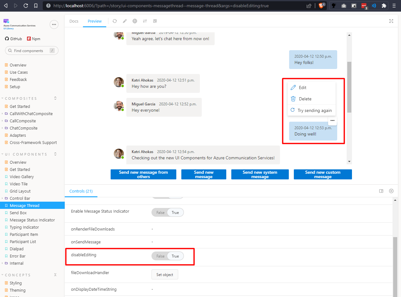 Flag `disableEditing` doesn't do anything in MessageThread · Issue #2569 · Azure/communication ...