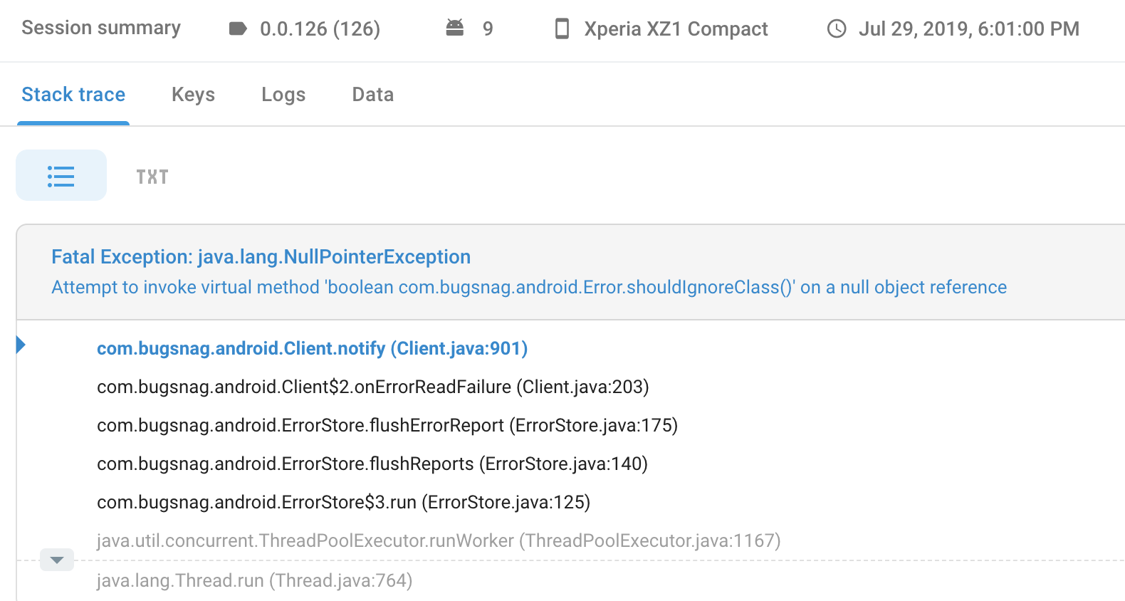 Attempt to invoke virtual method 'boolean com.bugsnag.android.Error.shouldIgnoreClass()' on a ...