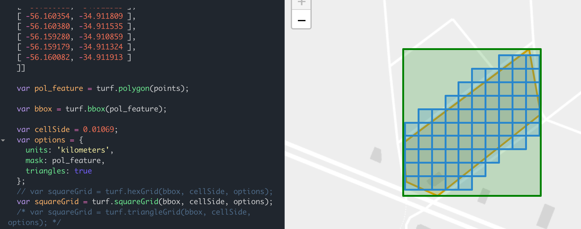 Bug on squareGrid with polygon mask with small cellSide · Issue #1717 · Turfjs/turf · GitHub