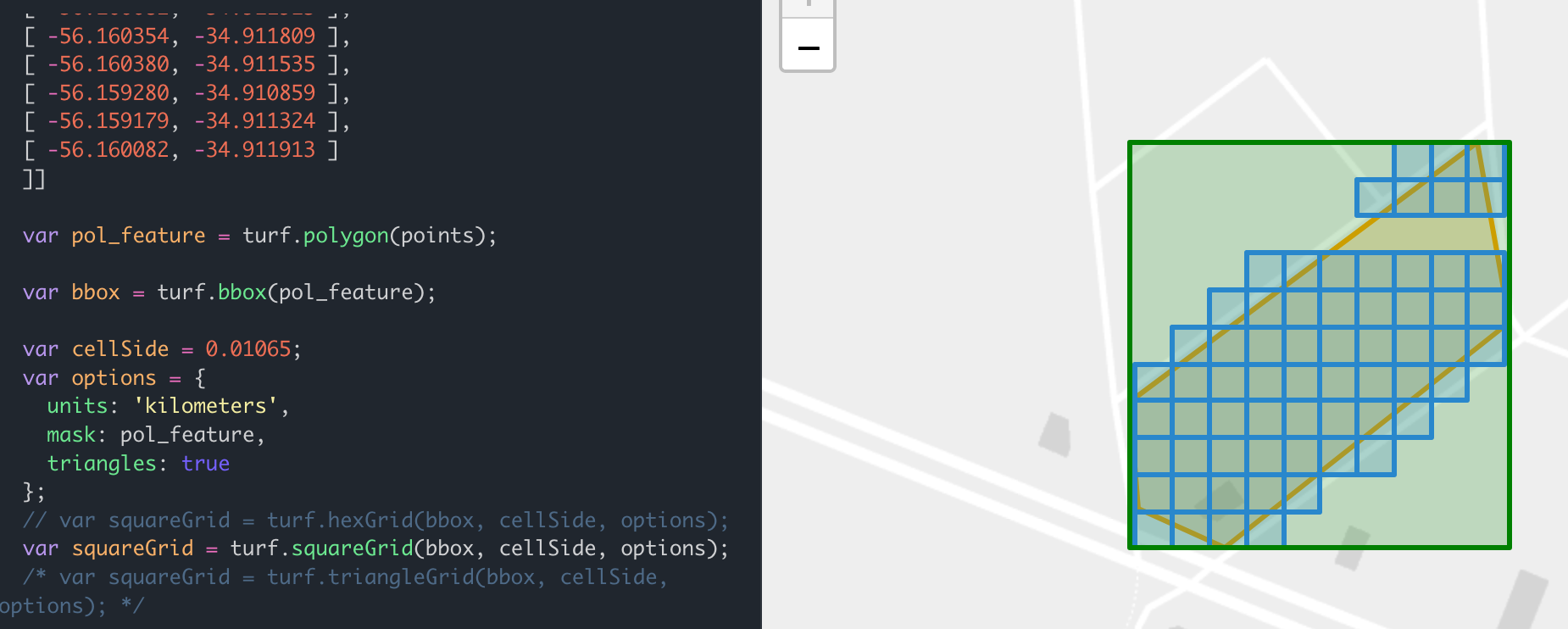 Bug on squareGrid with polygon mask with small cellSide · Issue #1717 · Turfjs/turf · GitHub