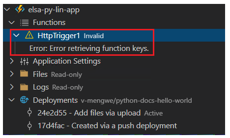 There is an invalid function under the "Functions" node after connecting to a GitHub repository ...