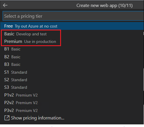 There are two extra pricing tiers in the list when creating an advanced ...