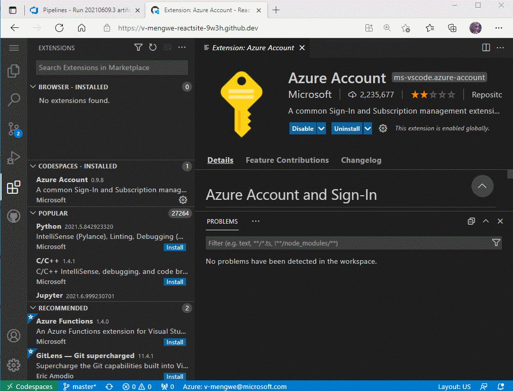 [Codespaces] Open an extra webpage after F1ing · Issue #276 · microsoft/vscode-azure-account ...