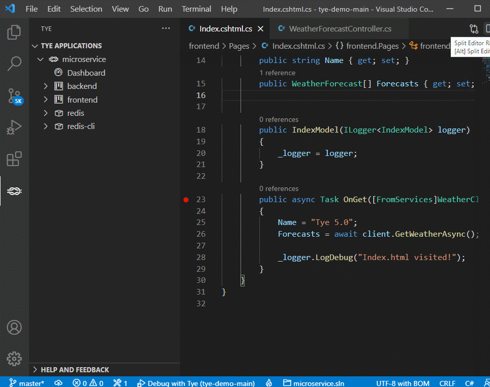 The project is rebuilt automatically and the debugger is attached again ...