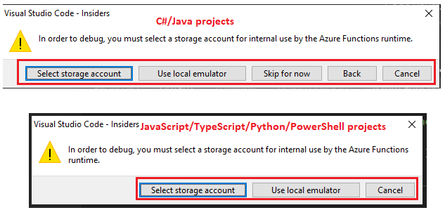 The dialogs of different projects are inconsistent when asking to select a storage account ...